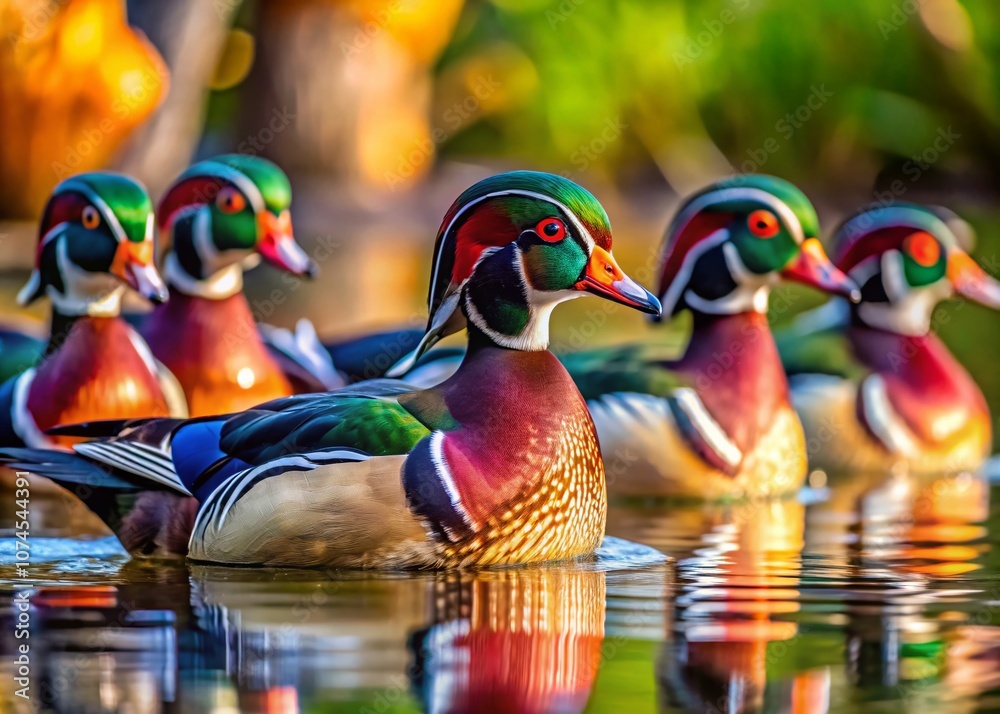 Stunning Group of Wood Ducks with a Focus on a Male Wood Duck Aix ...