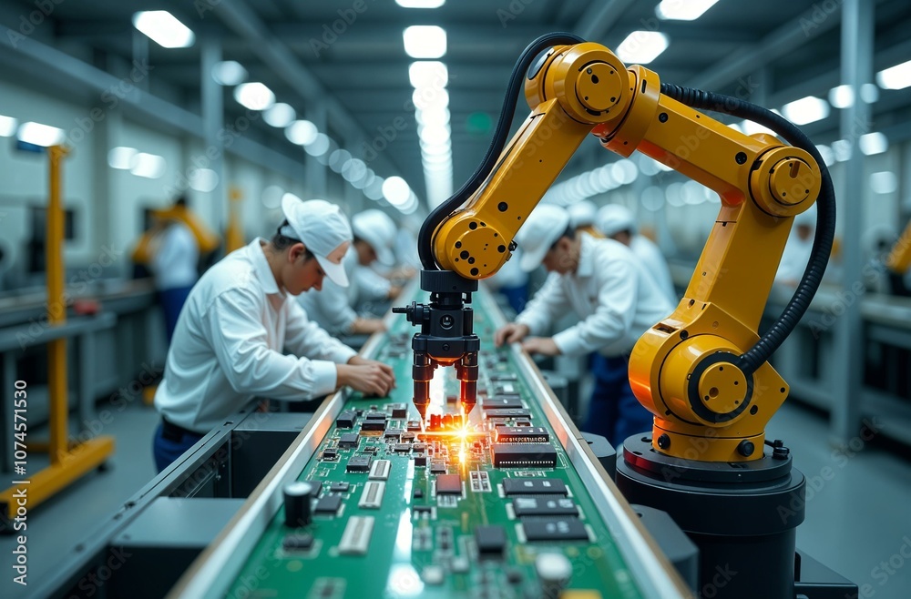 An industrial robot with a large mechanical arm working on an assembly ...