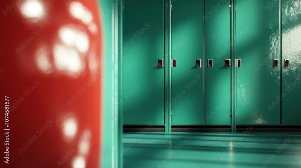 A vintage locker room painted in teal features an intriguing red ...
