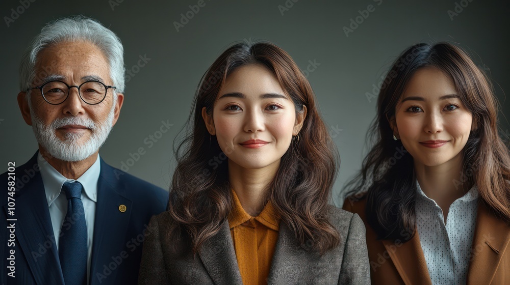Japanese business team, young and elderly members, formal attire ...