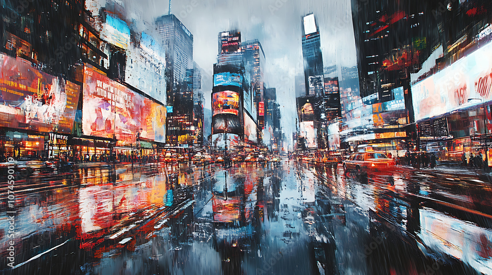 Photo & Art Print A sprawling urban landscape featuring holographic advertisements, rainy ...