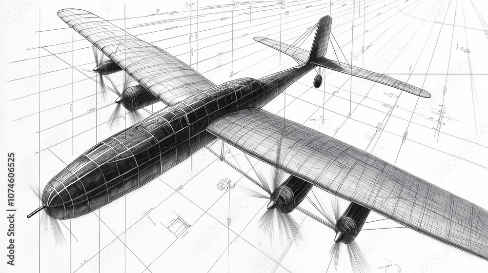 Black-and-white illustration of the first biplane in flight, clean ...