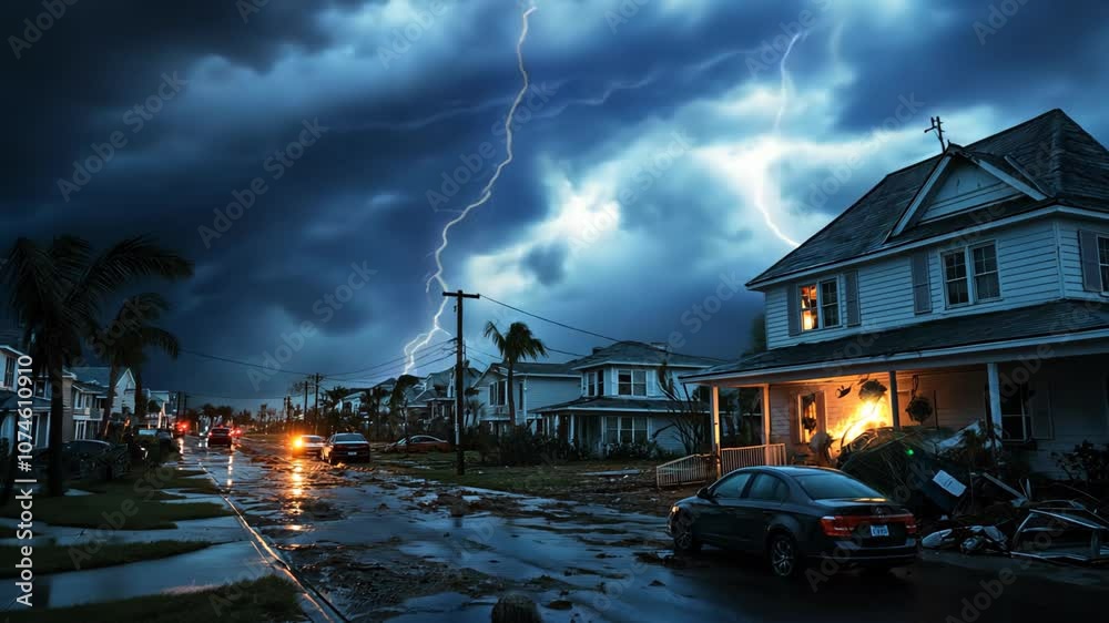 severe damage town under cloudy bad weather stormy cloud with lightning ...