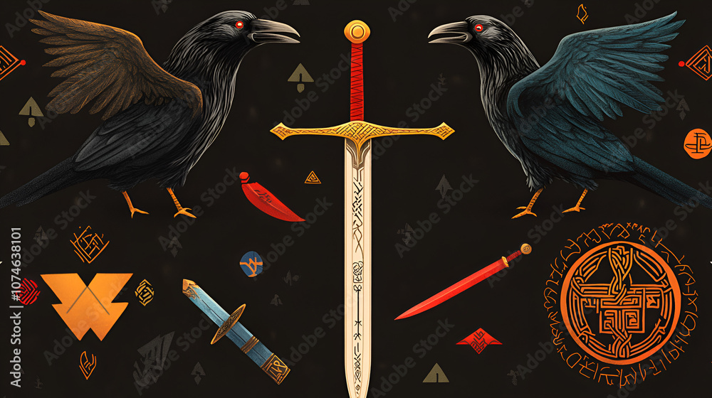 In modern illustrations pagan norse design with raven sword and runes ...