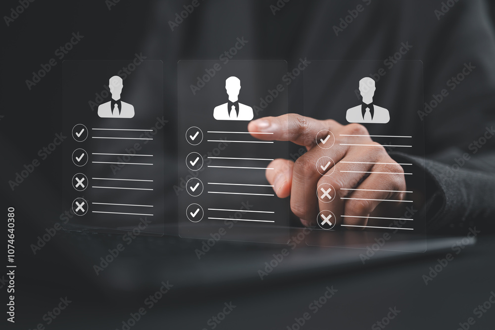 Businesswoman using laptop with Personal information file storage ...