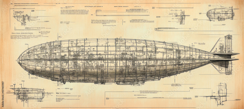 Detailed zeppelin blueprint showing the internal structure and ...