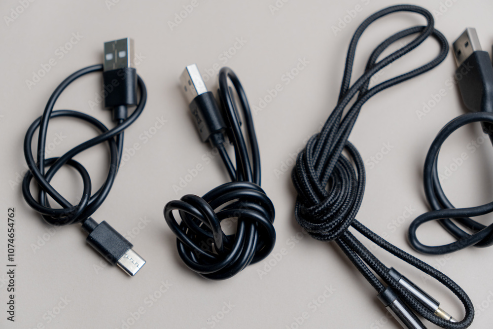 Various black cables and connectors neatly laid out on a beige ...