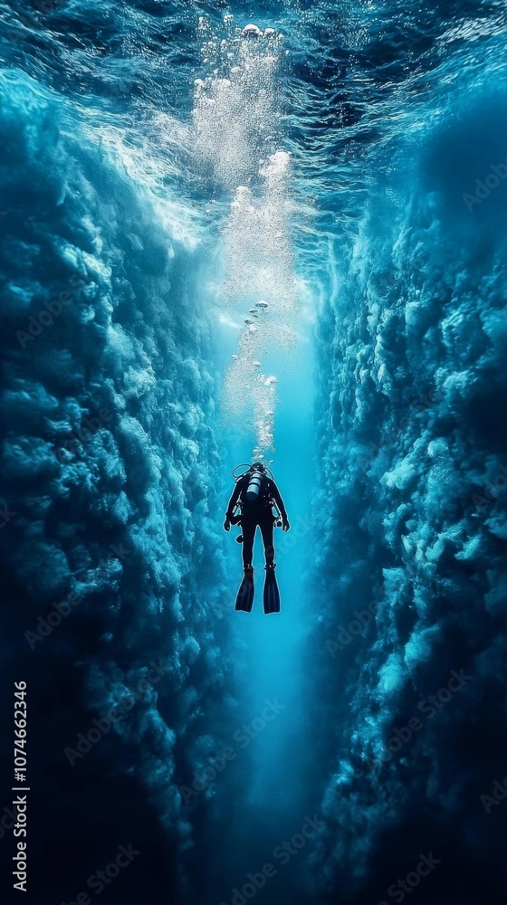 Realistic Underwater View of Scuba Diver Exploring the Edge of the ...
