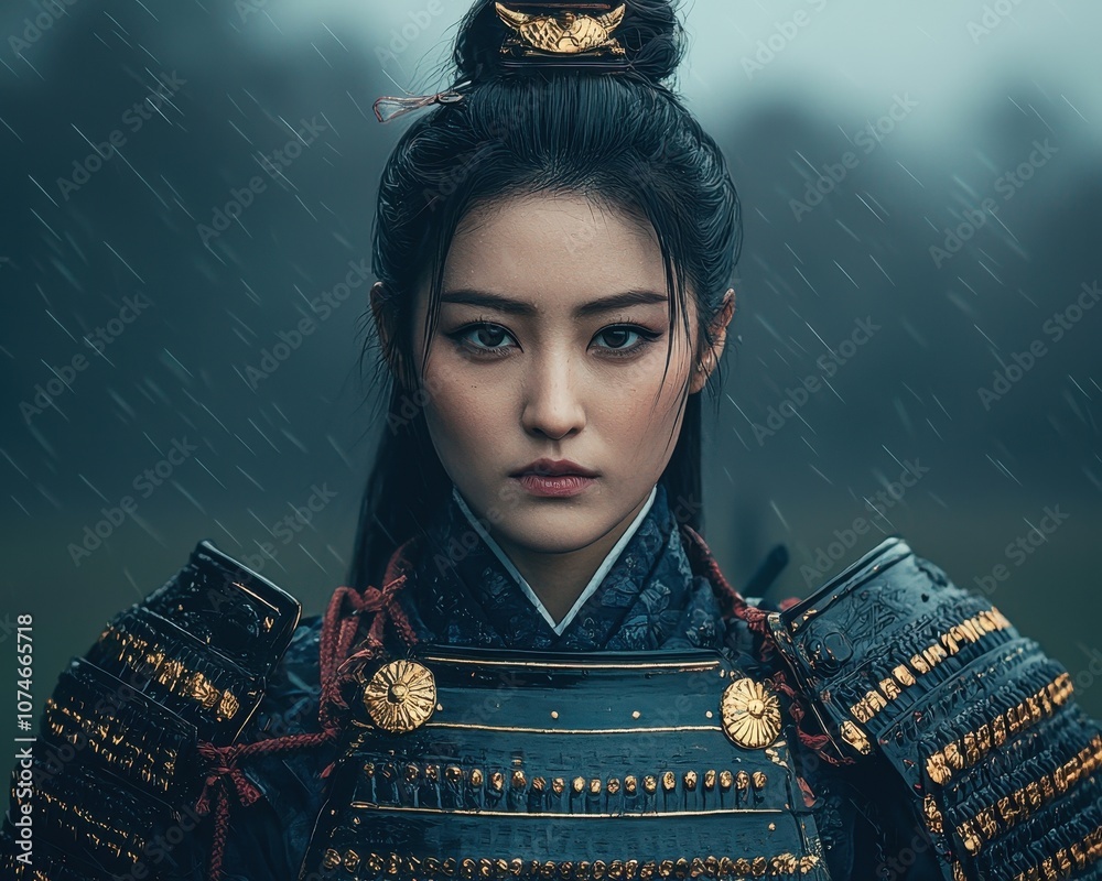 Powerful Female Samurai Warrior in Rain Traditional Armor Asian Culture ...