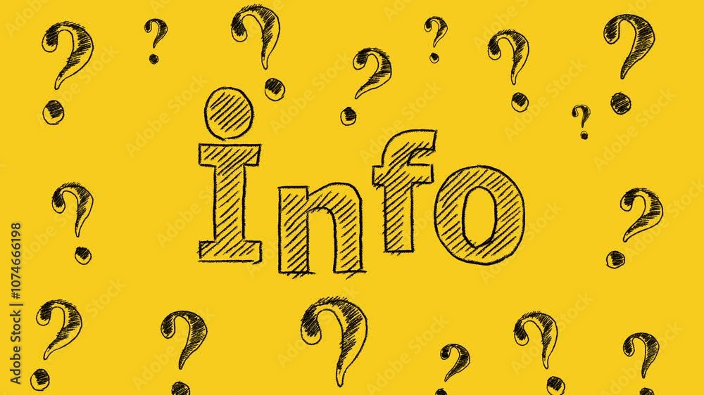 Lettering INFO and question marks drawn on a yellow background ...