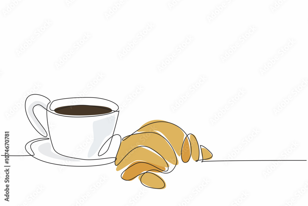 Continuous one line drawing croissant with coffee cup. Drowsiness ...