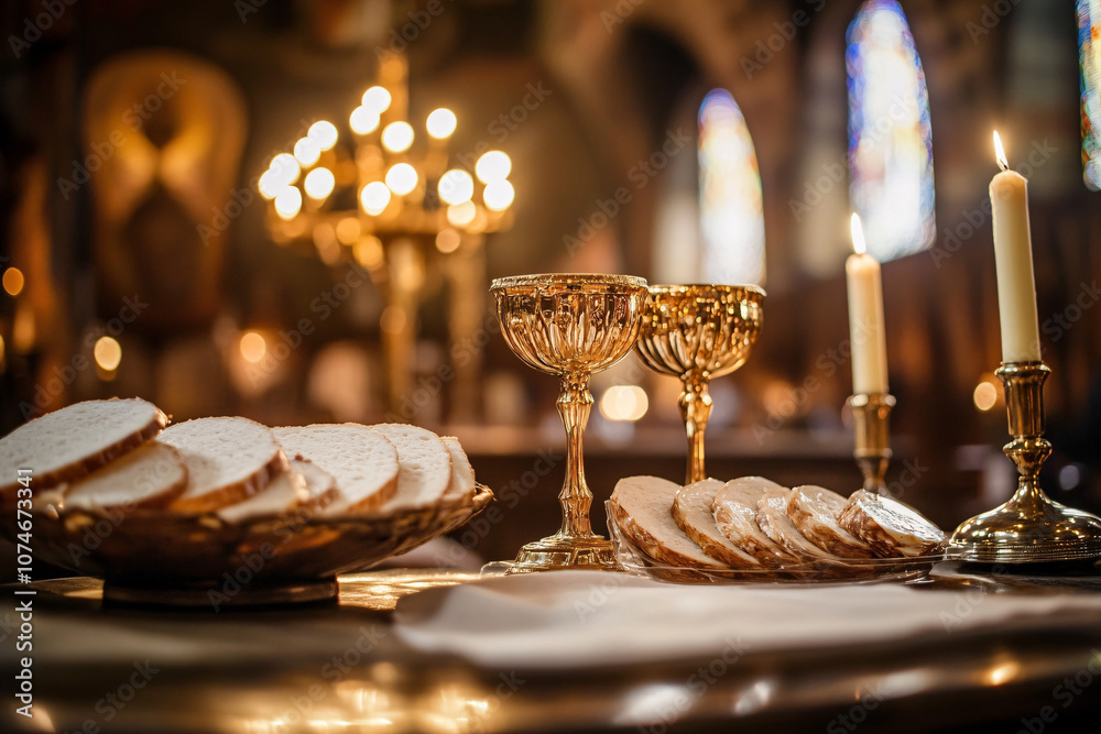 a communion setup on an altar with golden goblets and wafers surrounded ...