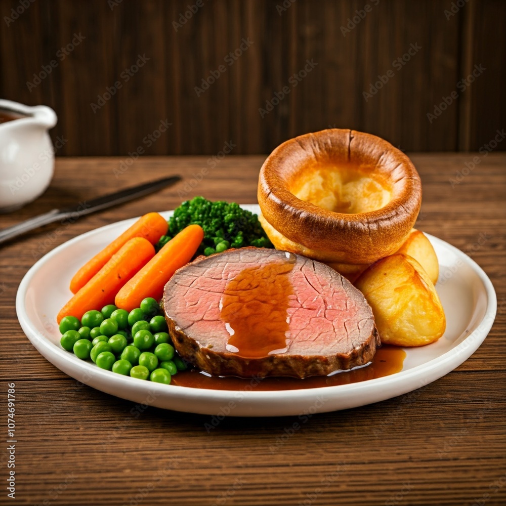 Sunday roast, roast beef, Yorkshire pudding, roast potatoes, vegetables ...