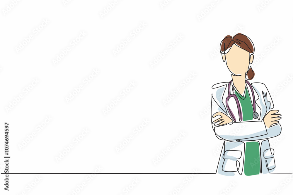 Single continuous line drawing a female doctor standing confidently ...