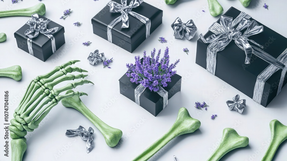 Green bones with purple flowers scattered around, accompanied by black ...