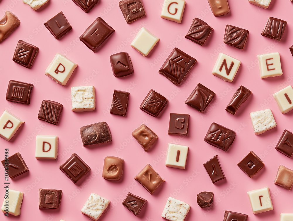 Various types of chocolate candies in the shape of eatable letters on a ...