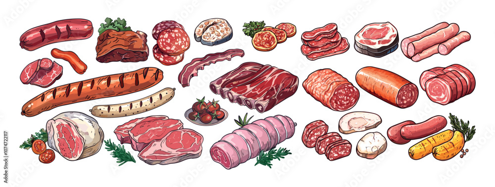 Meat products cartoon vector set. Hot dog sausages chicken poultry ...