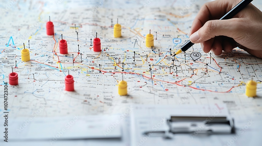 Detailed vibrant map with red blue and yellow markers showcasing ...