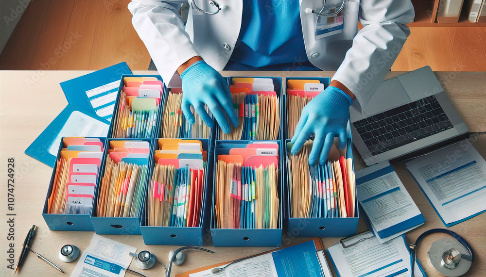 Healthcare worker organizing patient files into color-coded folders for ...