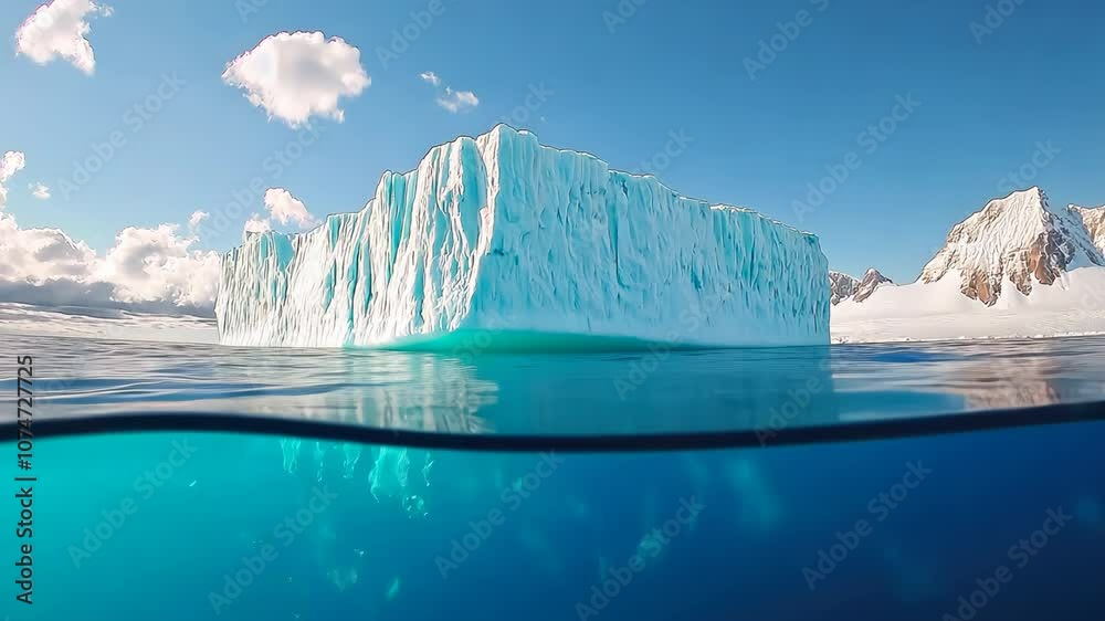 Split view of iceberg above and below water surface for climate ...
