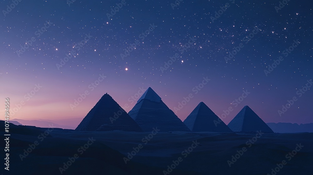 Silhouettes of pyramids under a twilight sky filled with stars and ...