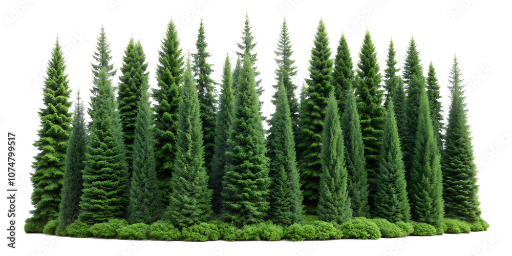 Dense arrangement of tall evergreen conifers, including cypress, pine ...