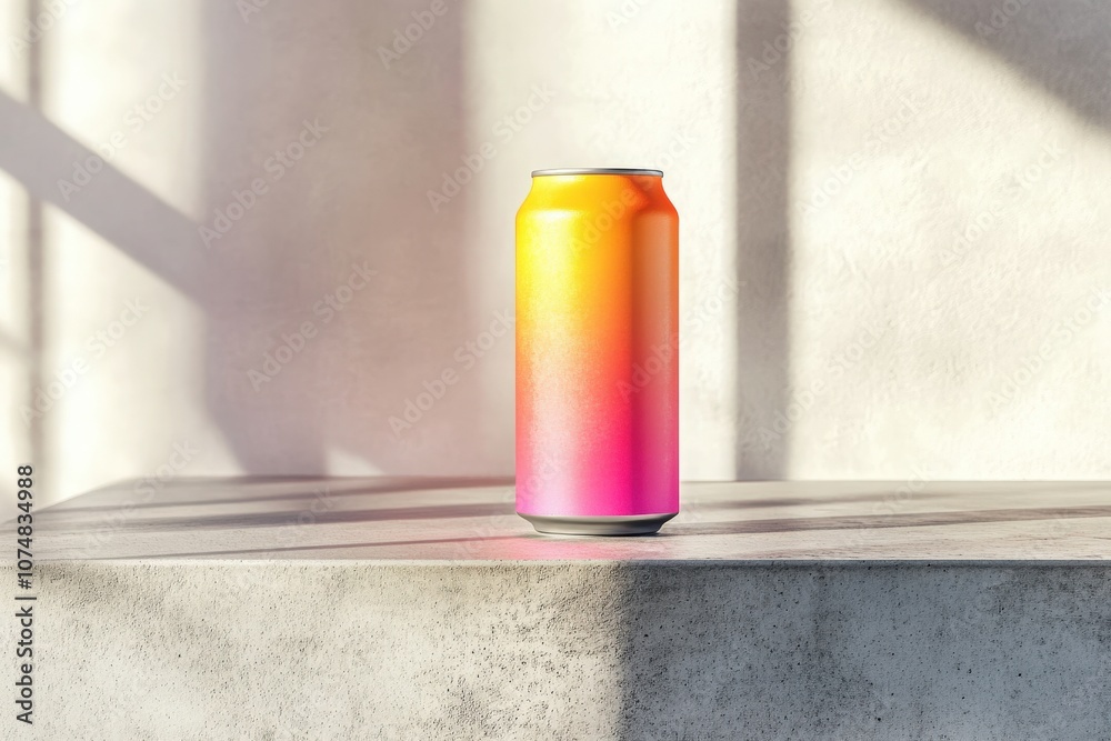 A colorful energy drink can with a vibrant gradient design stands on a ...