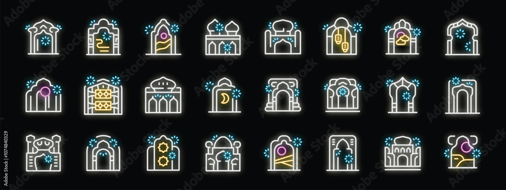 Glowing neon icons depicting mosques, arches, and festive elements ...