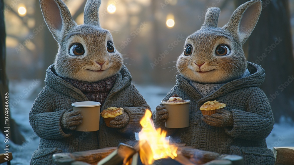 Two rabbits in jackets enjoy hot drinks and pastries while sitting ...