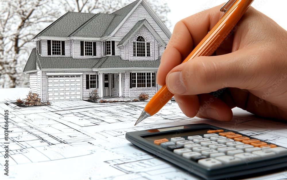 Architect designing house blueprint, calculator and cost sheets in hand ...