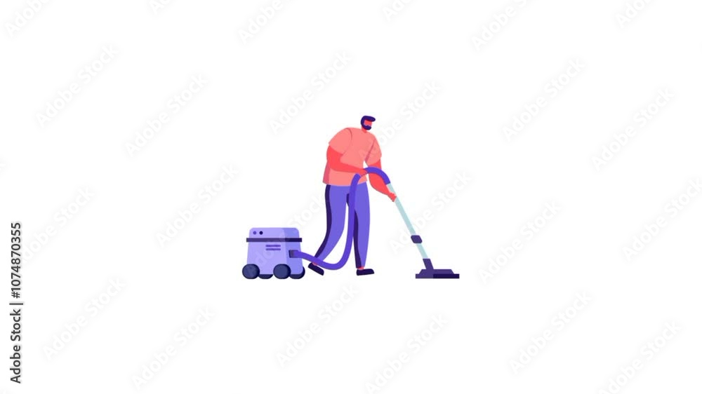 Men cleaning with vacuum cleaner animation. Male janitor vacuuming the ...