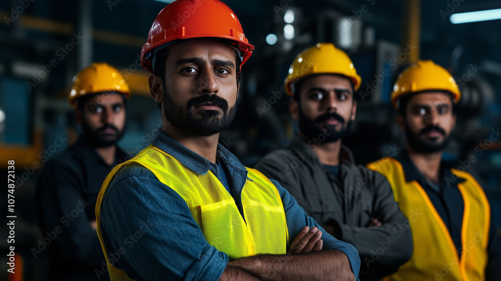 A group of Indian factory workers stands together in brightly colored ...
