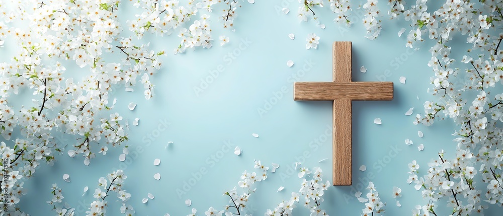 Christian funeral service theme with a wooden cross and white flowers ...