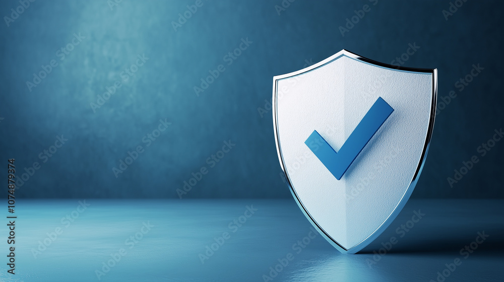 High-detail metallic shield with a bright blue check mark, on a smooth ...