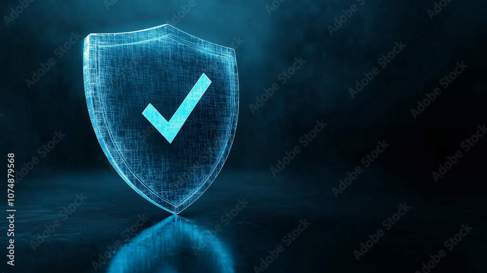 Translucent blue shield with a glowing check mark symbol in the center ...
