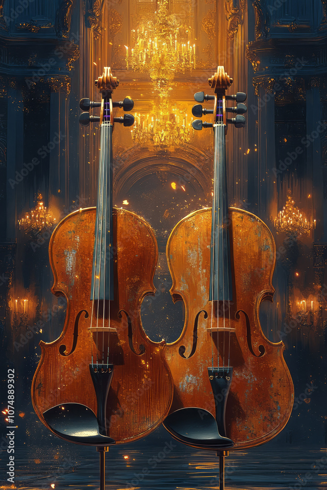 Nostalgic illustration of two violins, gently crossed on a classic ...