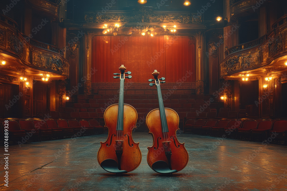 Elegant retro artwork showing two violins crossed on an old theater ...