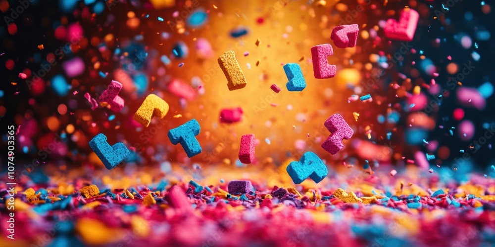 A vibrant explosion of colorful candy letters amidst a swirling chaos ...