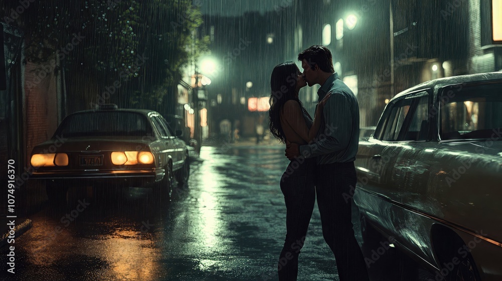 A couple shares a romantic kiss on a rainy city street at night, with ...