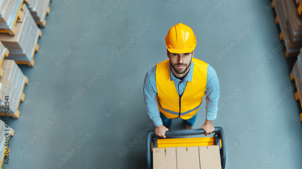 Overhead view of warehouse ,Male warehouse worker pulling a pallet ...