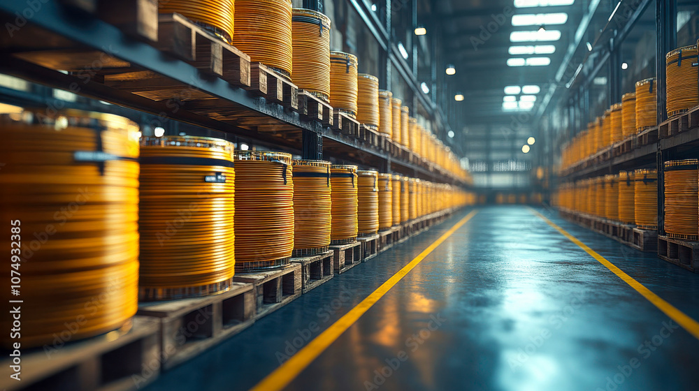 Neatly organized warehouse aisle filled with large yellow cable coils ...
