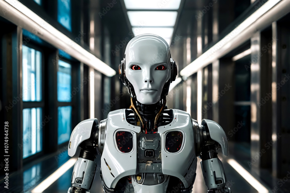 Android robot in the corridor of a spaceship, space station with ...