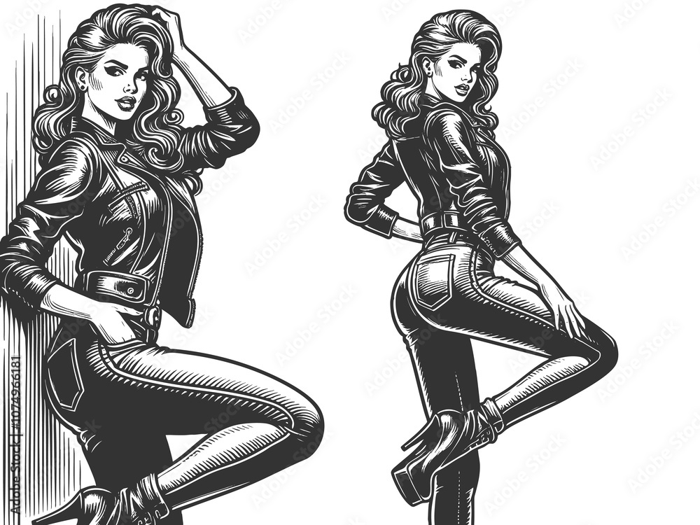 pin-up woman in leather jacket and leather pants, confident poses ...