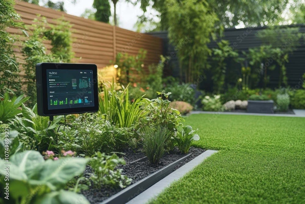 This lush garden showcases smart technology with automated sprinklers ...