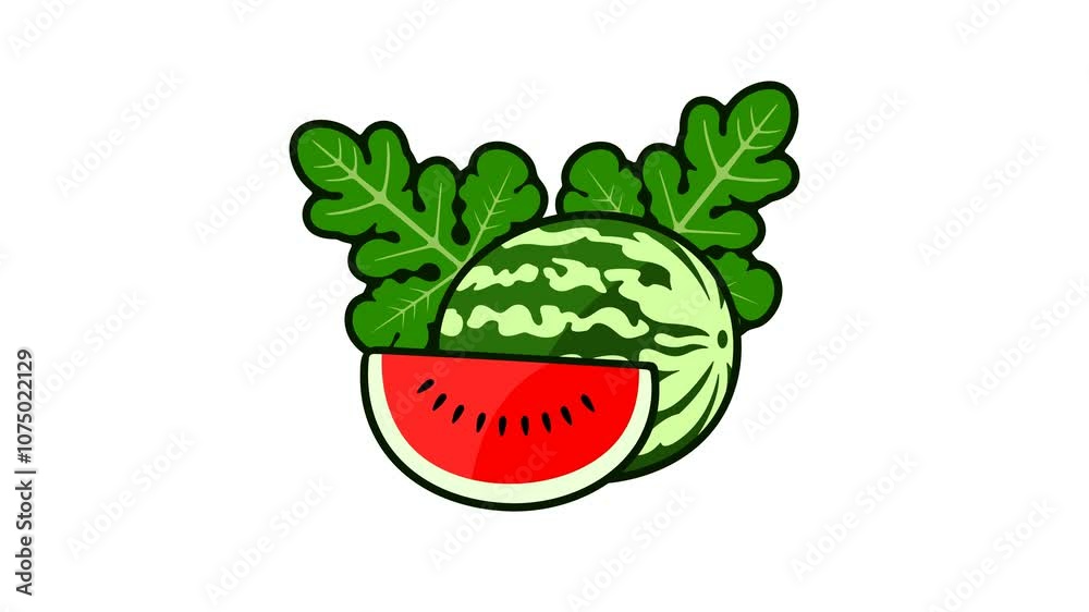 Watermelon and slice watermelon with leaves, graphic animation. Alpha ...