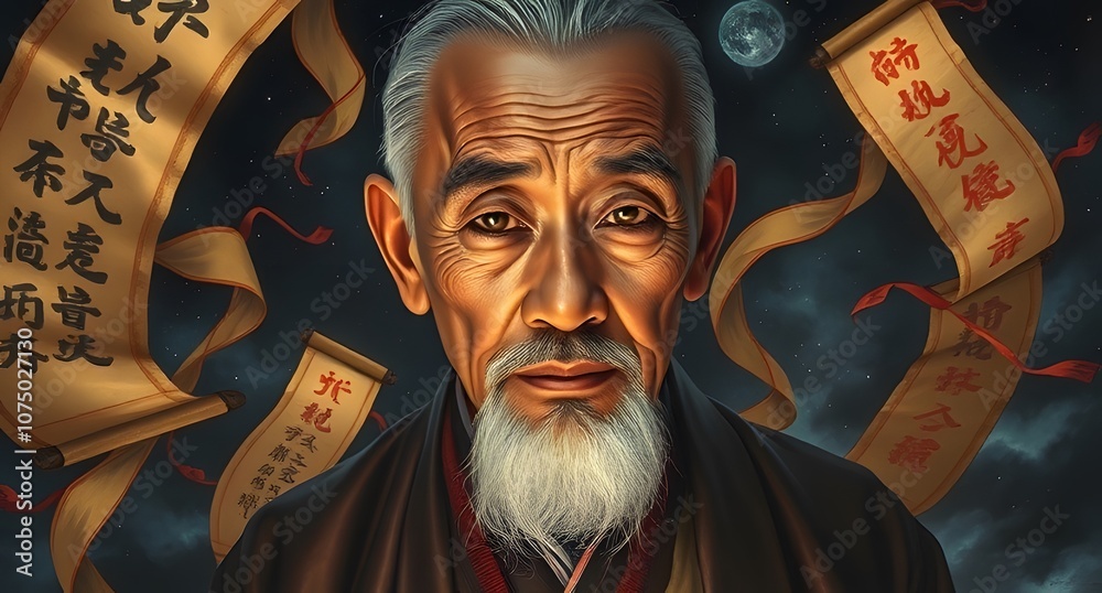 Portrait of an old Chinese man surrounded by traditional Chinese ...