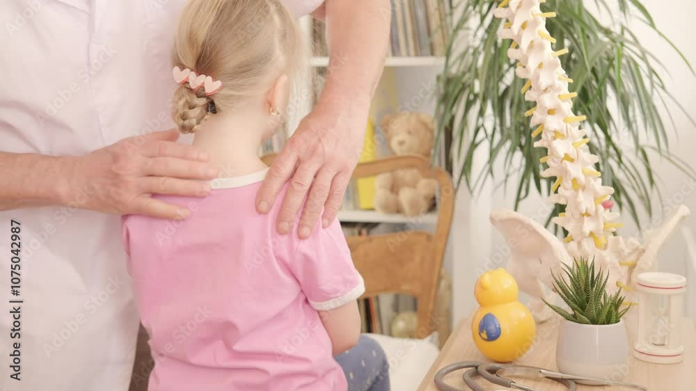 male Orthopedist doctor conducts spinal examination child, young girl ...