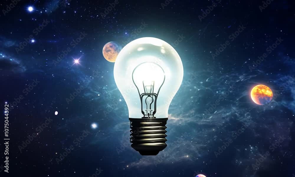 Illuminated light bulb with cosmic background featuring stars and ...