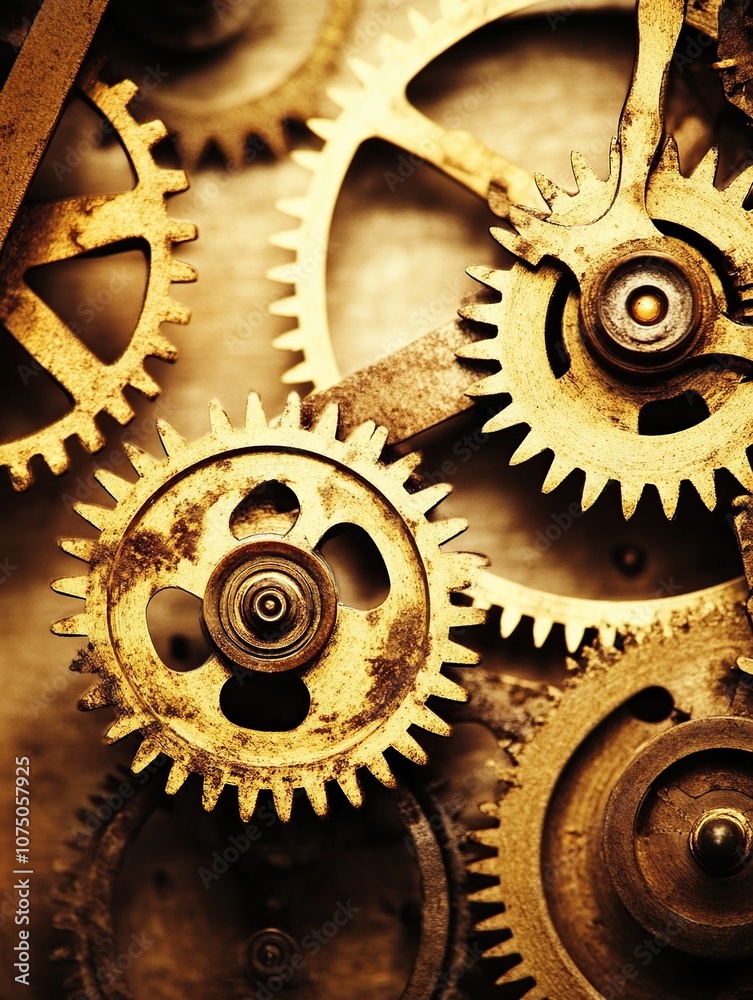 A macro photograph of intricate clock gears and cogs interlocking ...