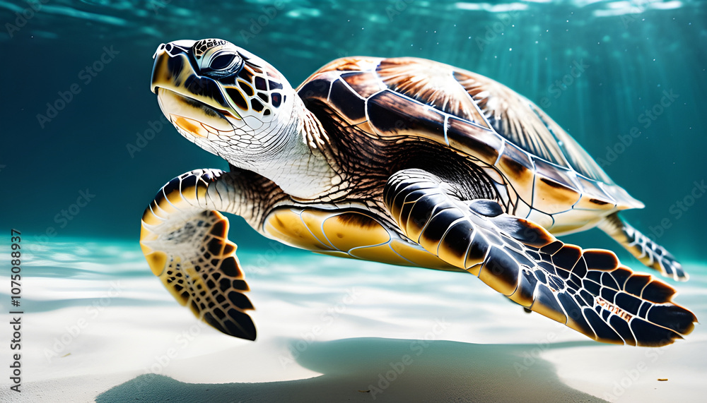 Sea turtle jumping out of the water happily, white studio background ...